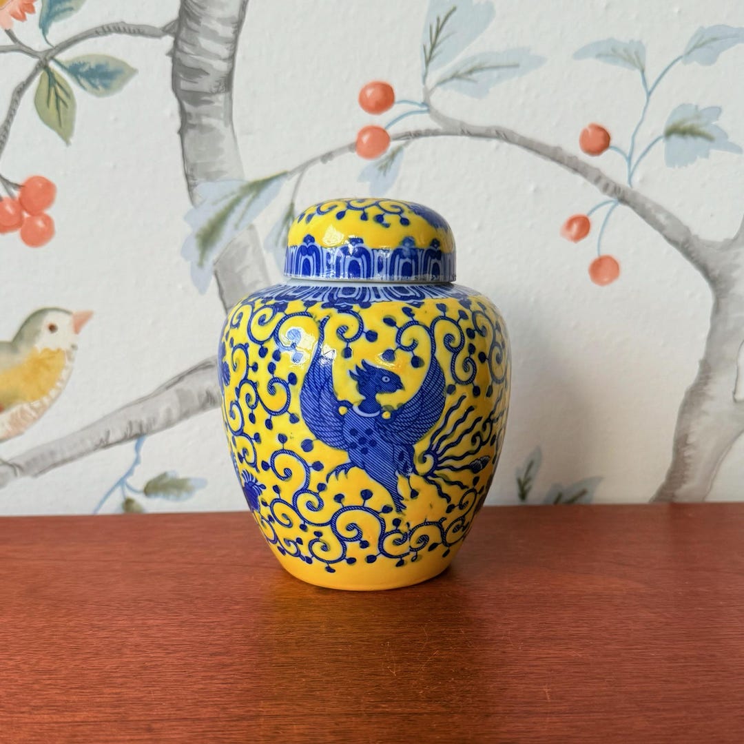 Vintage Miya China Japan Ginger Jar With Blue Phoenix on Yellow Ground ...