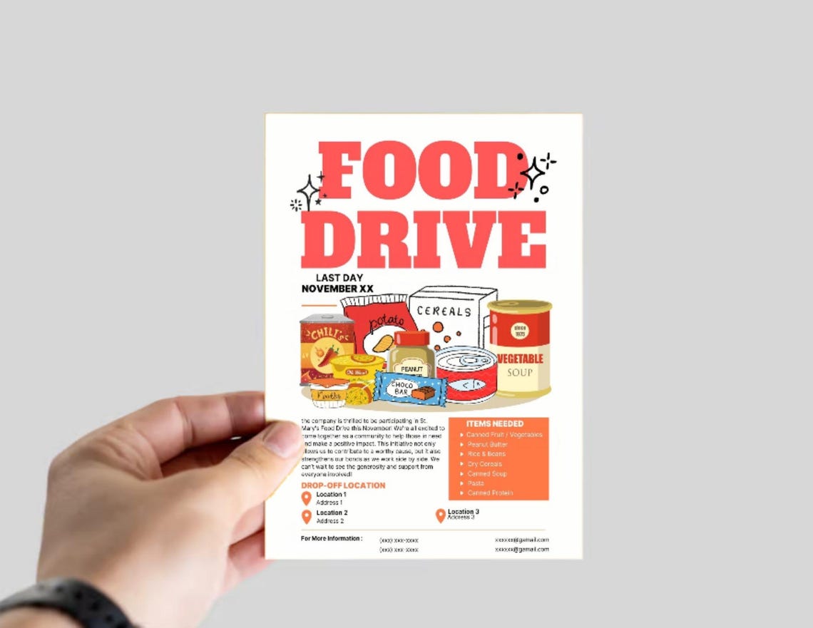 Editable Food Drive Flyer Template | Canva Printable Community Event ...