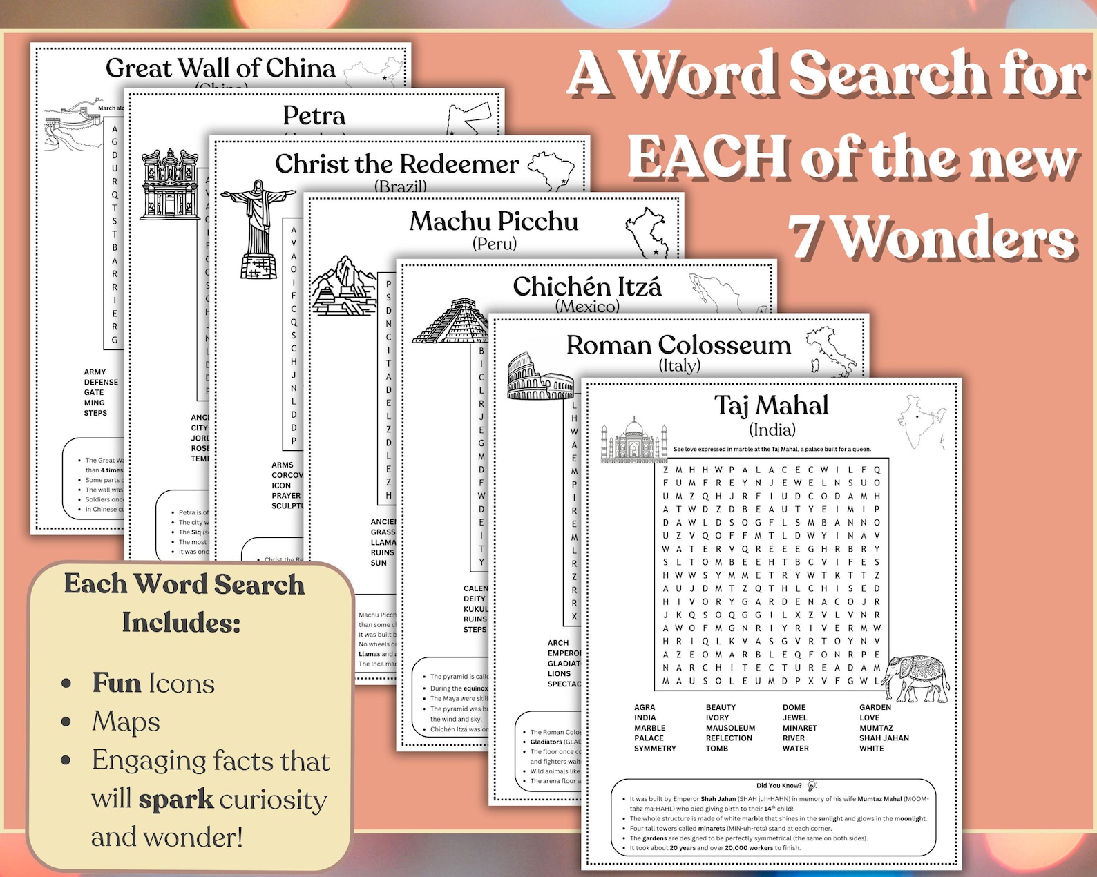 7 Wonders of the World Word Search Activity Pack - Etsy