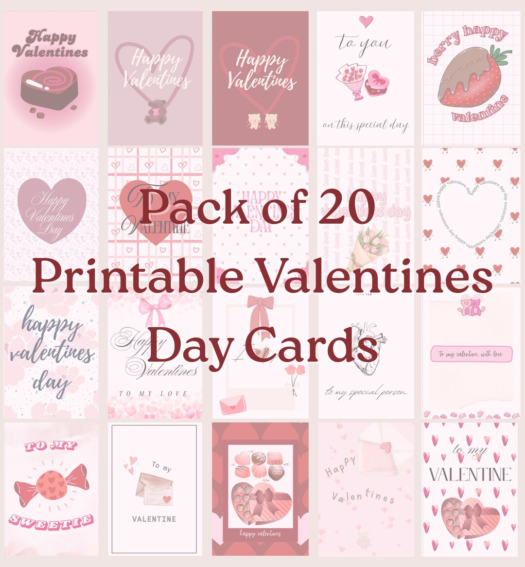 Printable Valentine Cards | Set of 20 | Pink & Red Valentine's Day ...