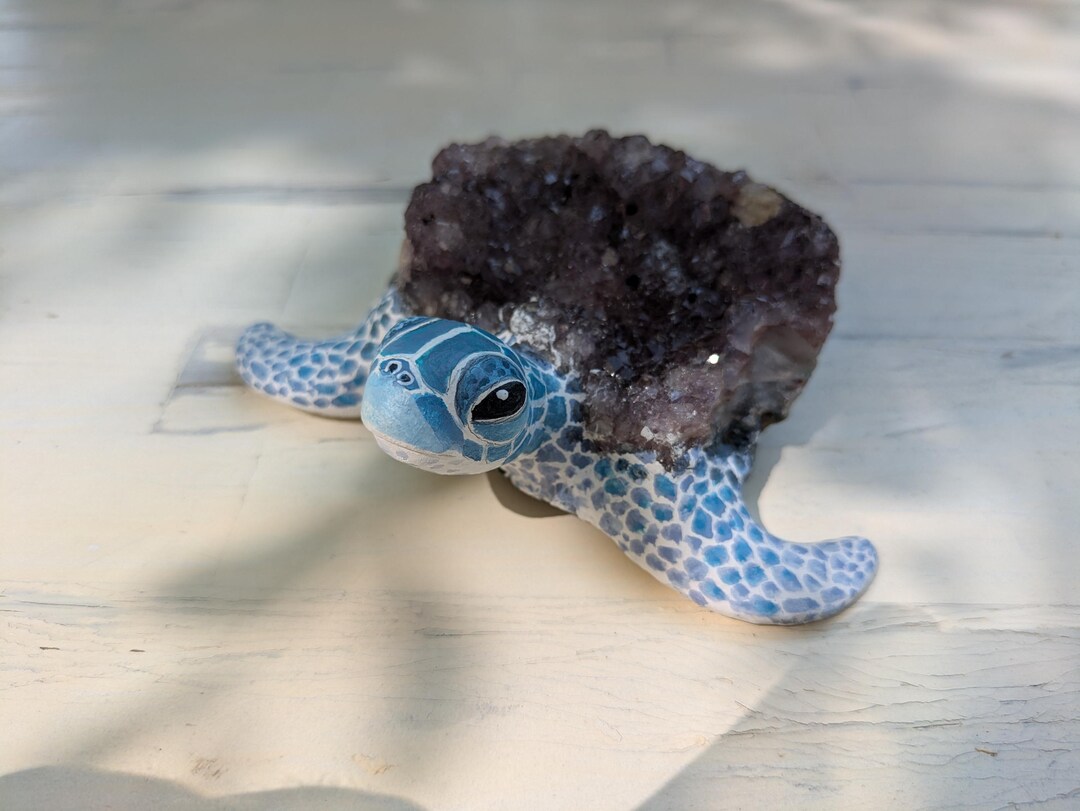 Sea Turtle on Natural Amethyst, One-of-a-kind Handmade Stone Art Animal ...
