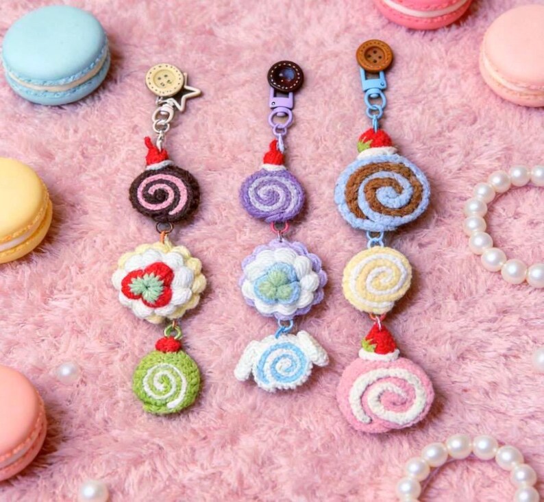 100% Handmade Crochet Cakeroll Bag Charm, Crochet Keychain, Amigurumi ...