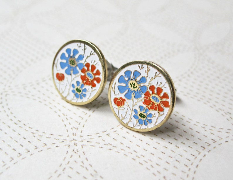 Enamel Daisy Earrings Orange And Blue Flowers Surgical Steel Etsy