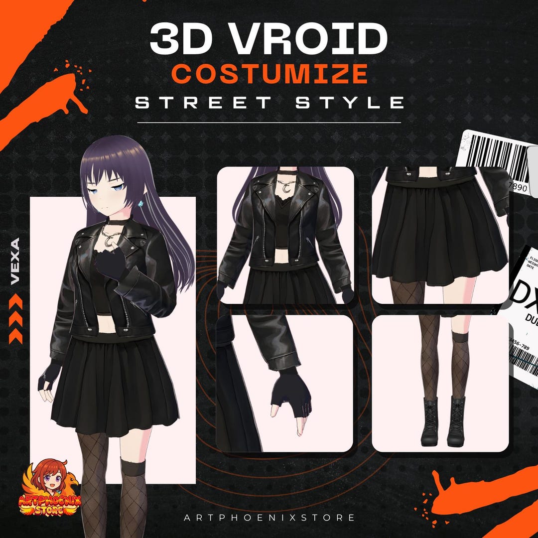 Vroid Gothic Streetwear Outfit: Black Leather Jacket Dress (vroid ...