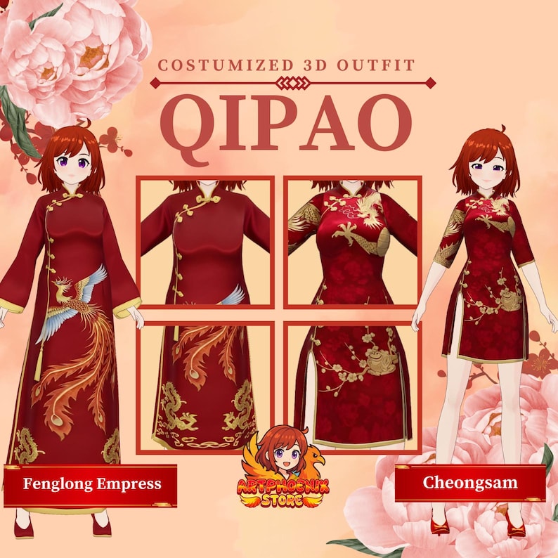 6 Vroid Casual Qipao Outfit Bundle | 3D Chinese Dress for Vtuber Avatar ...