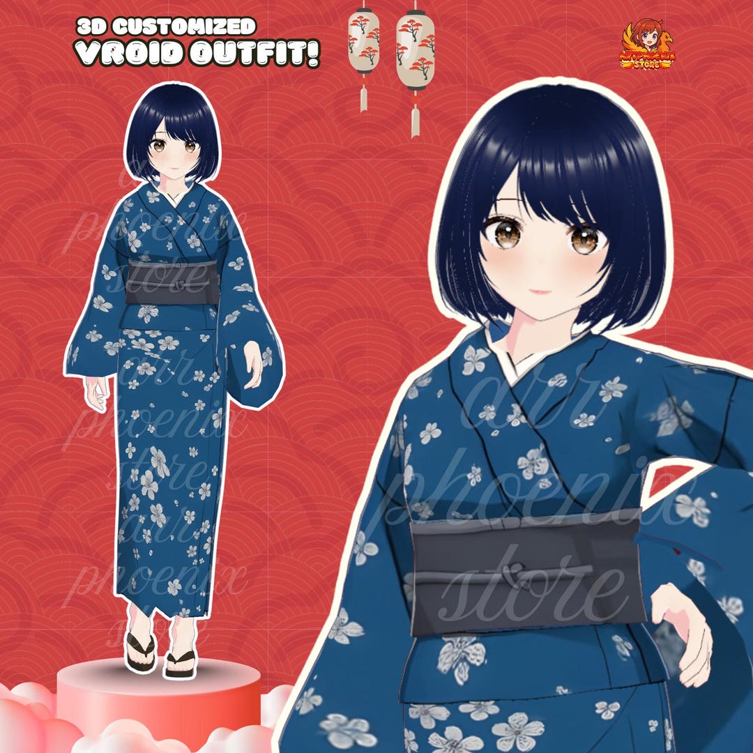 Vroid Floral Kimono Outfit: Elegant Navy Vtuber Avatar (vroidcustomitem ...