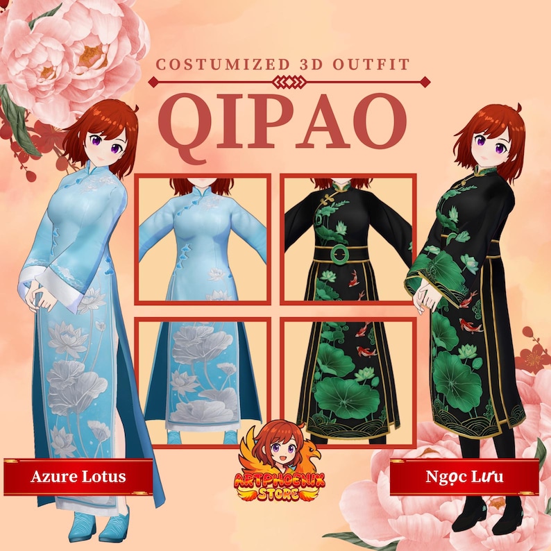 6 Vroid Casual Qipao Outfit Bundle | 3D Chinese Dress for Vtuber Avatar ...