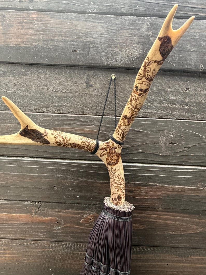 Ravenhollow Antler Besom — Witch’s Broom With Wood-burned Raven, Skull ...