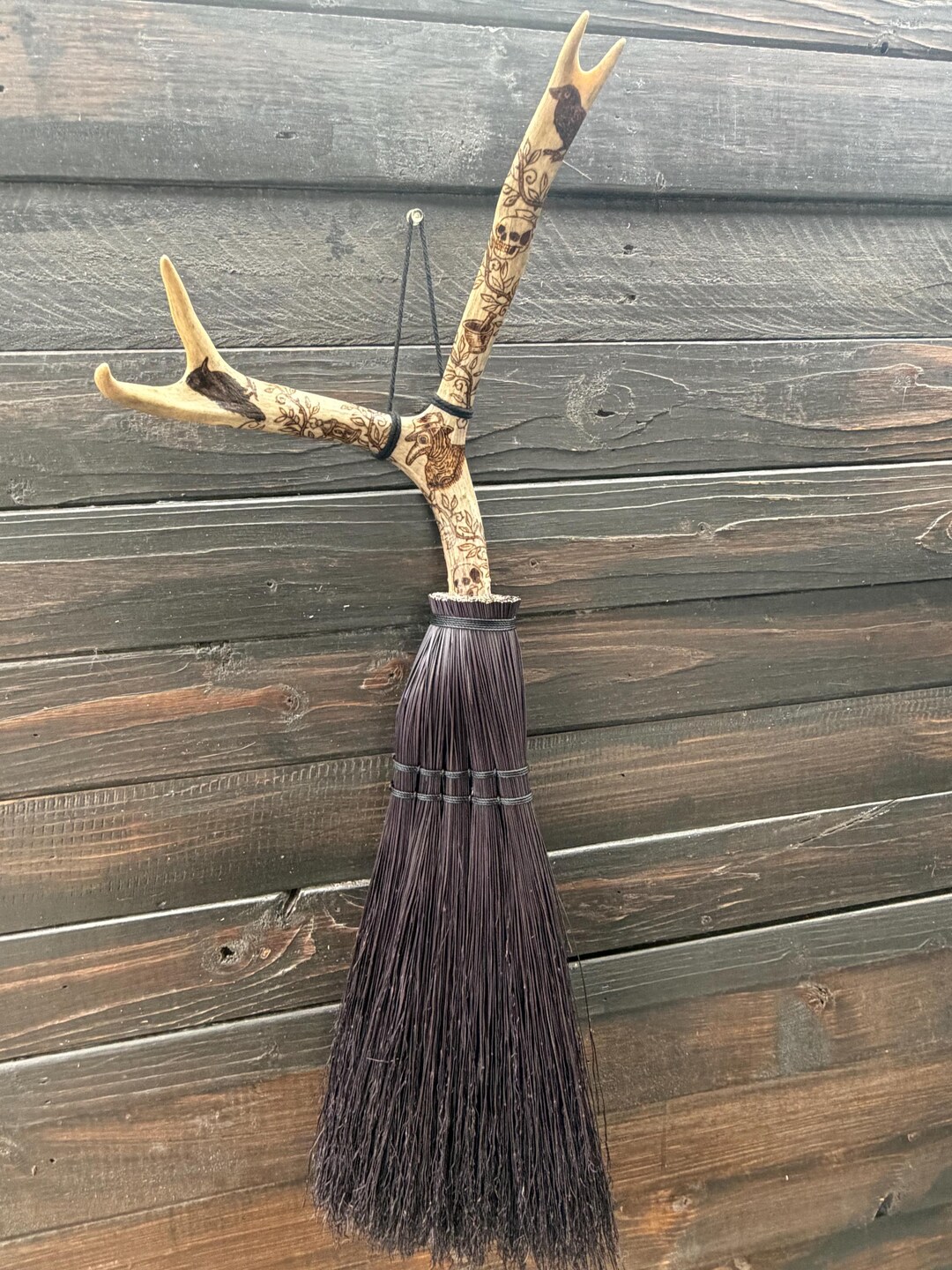 Ravenhollow Antler Besom — Witch’s Broom With Wood-burned Raven, Skull ...