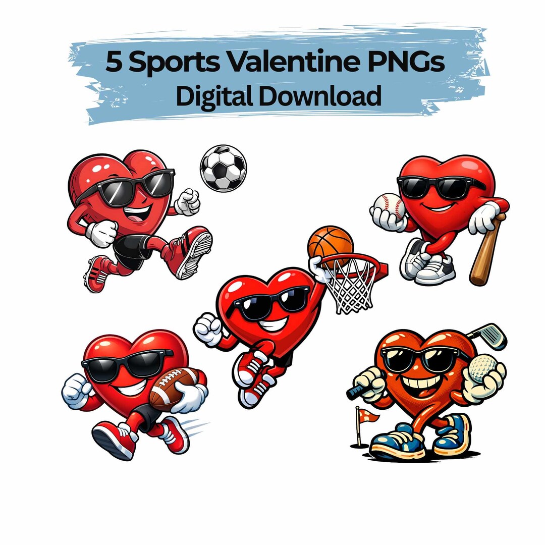 Sports Valentine PNG Bundle | 5 Sports Clipart | Heart Mascot Design ...