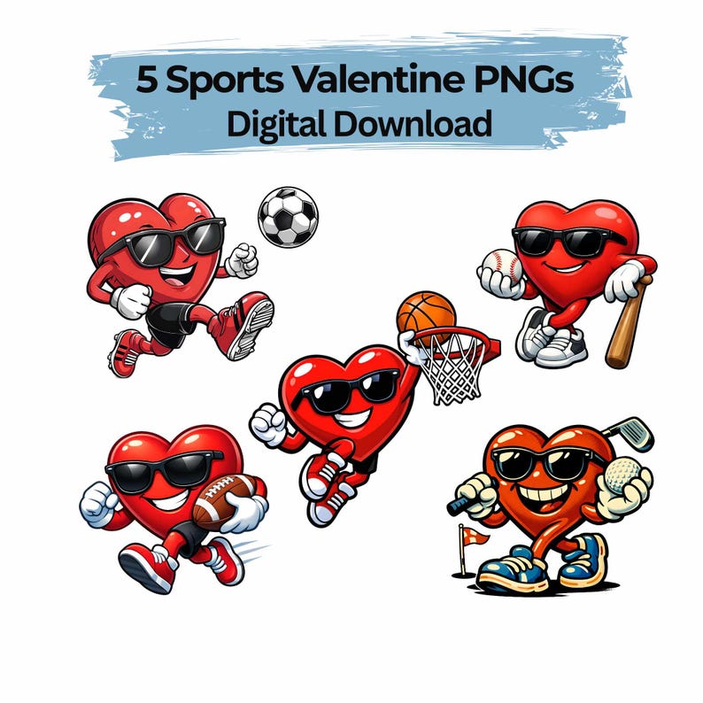 Sports Valentine PNG Bundle | 5 Sports Clipart | Heart Mascot Design ...