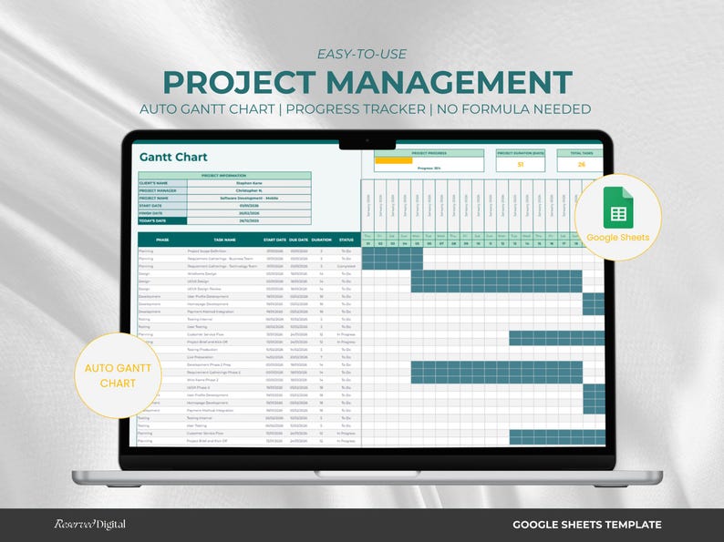 Project Manager Google Sheets Template | Automated Gantt Chart | Simple ...