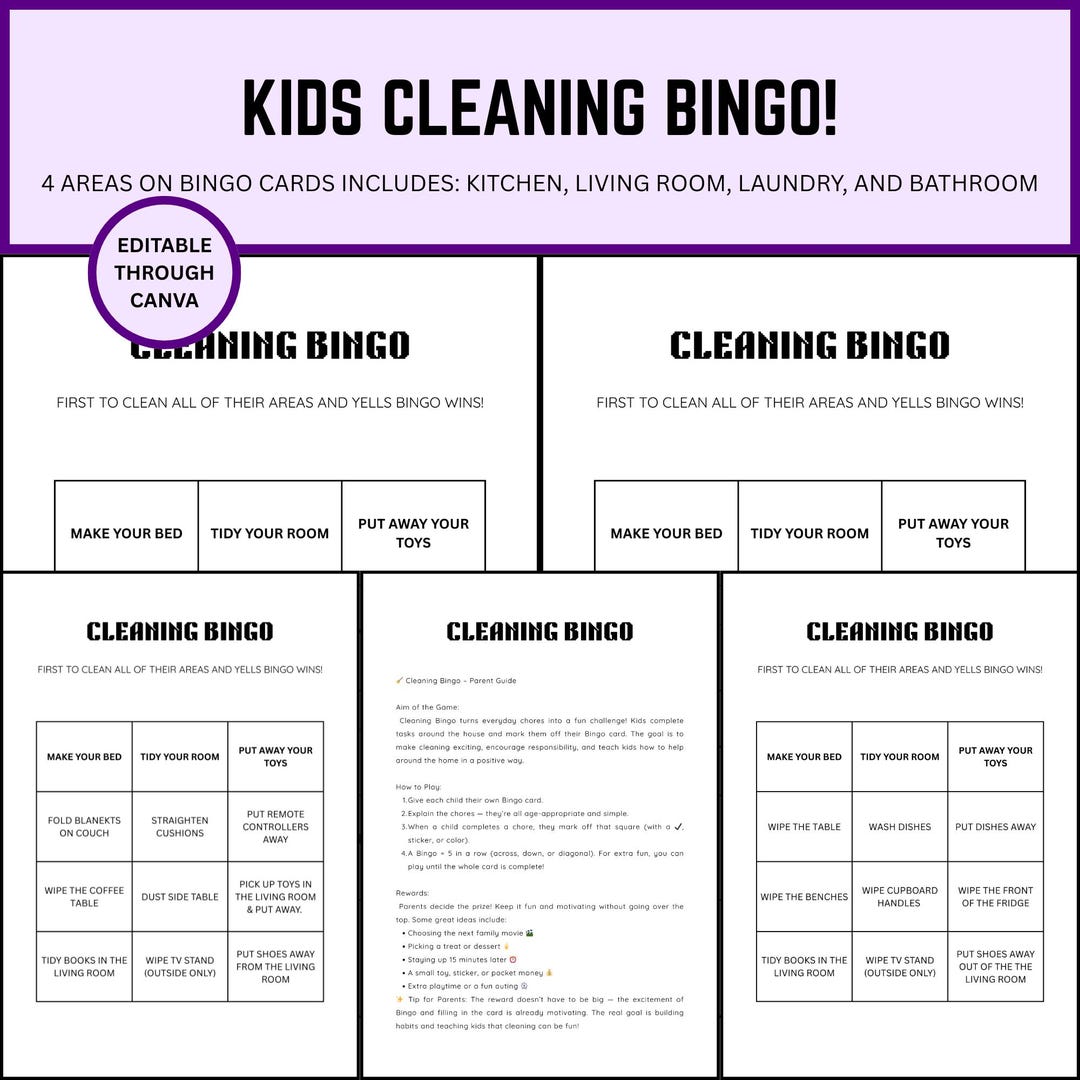 Cleaning Bingo for Kids | Printable Chore Game Chart PDF - Etsy UK
