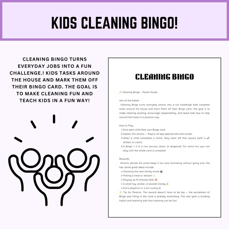 Cleaning Bingo for Kids | Printable Chore Game Chart PDF - Etsy UK