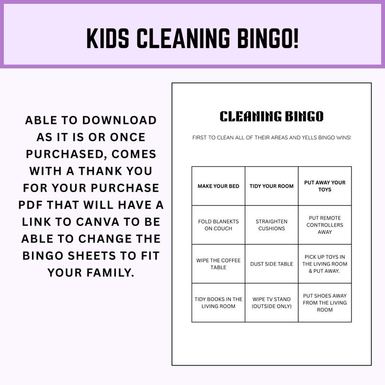 Cleaning Bingo for Kids | Printable Chore Game Chart PDF - Etsy UK