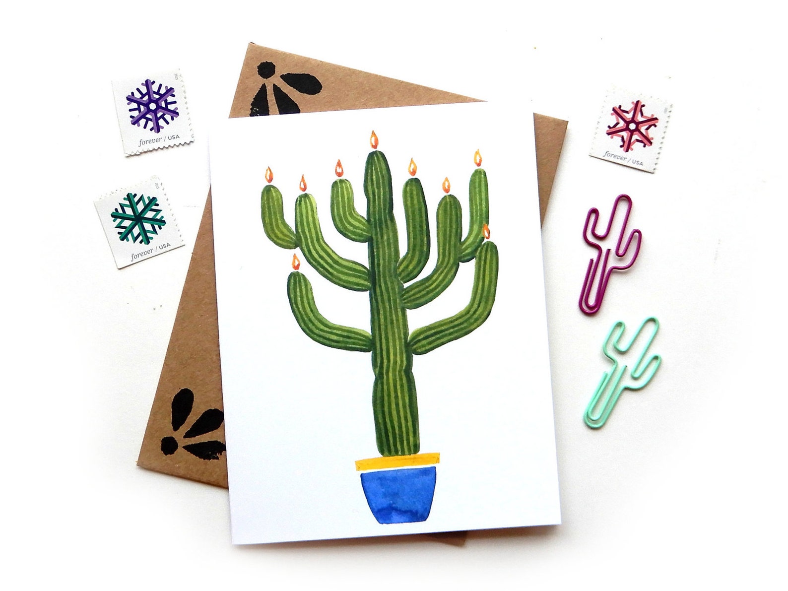 Saguaro Cactus Menorah Card Modern Hanukkah Handpainted - Etsy