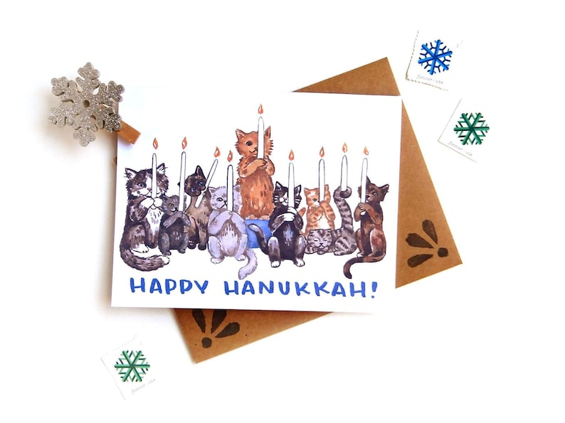 Cat Menorah Card Modern Hanukkah Hanukkiah Handpainted | Etsy