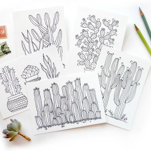 Cactus Coloring Postcards Set | Saguaro, Paddle, Desert Art - Etsy