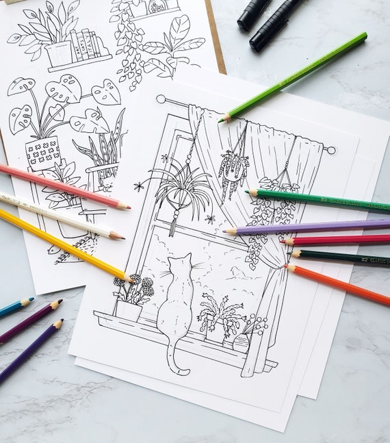Indoor Jungle Coloring Pages Plants Cats Studio Scenes | Etsy