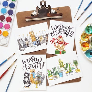 Cat Menorah Card Modern Hanukkah Hanukkiah Handpainted - Etsy