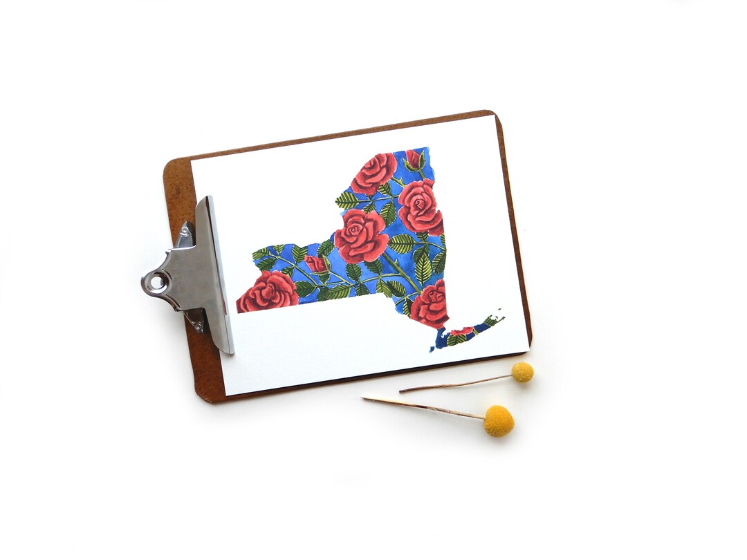New York Rose State Flower Print Watercolor New York State Outline ...