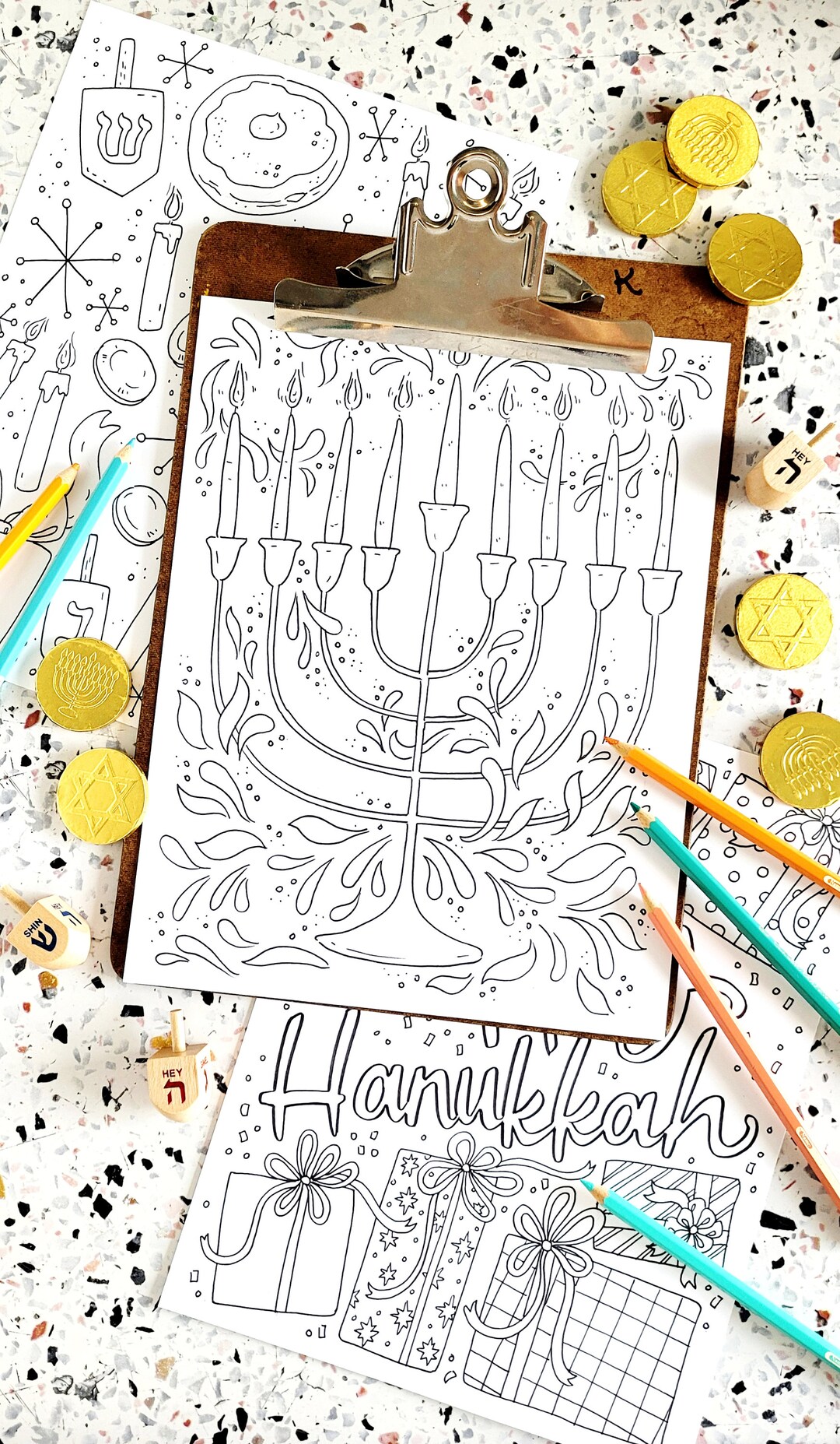 DOWNLOAD Hanukkah Coloring Pages | Chanukah Coloring Hand-drawn Dreidel ...