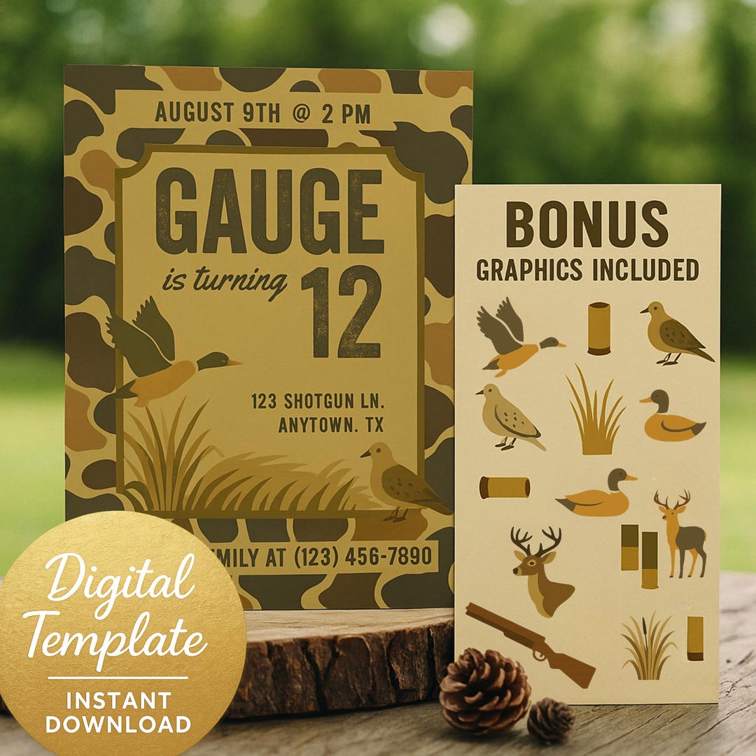 Editable Hunting Birthday Invitation | Wetlands Camo Party Template ...