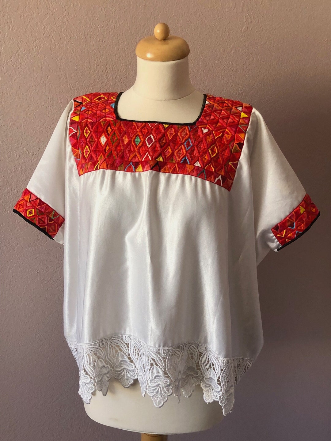 Guatemalan Huipil Satin Blouse Elegant Embroidered Neck / Arms ...