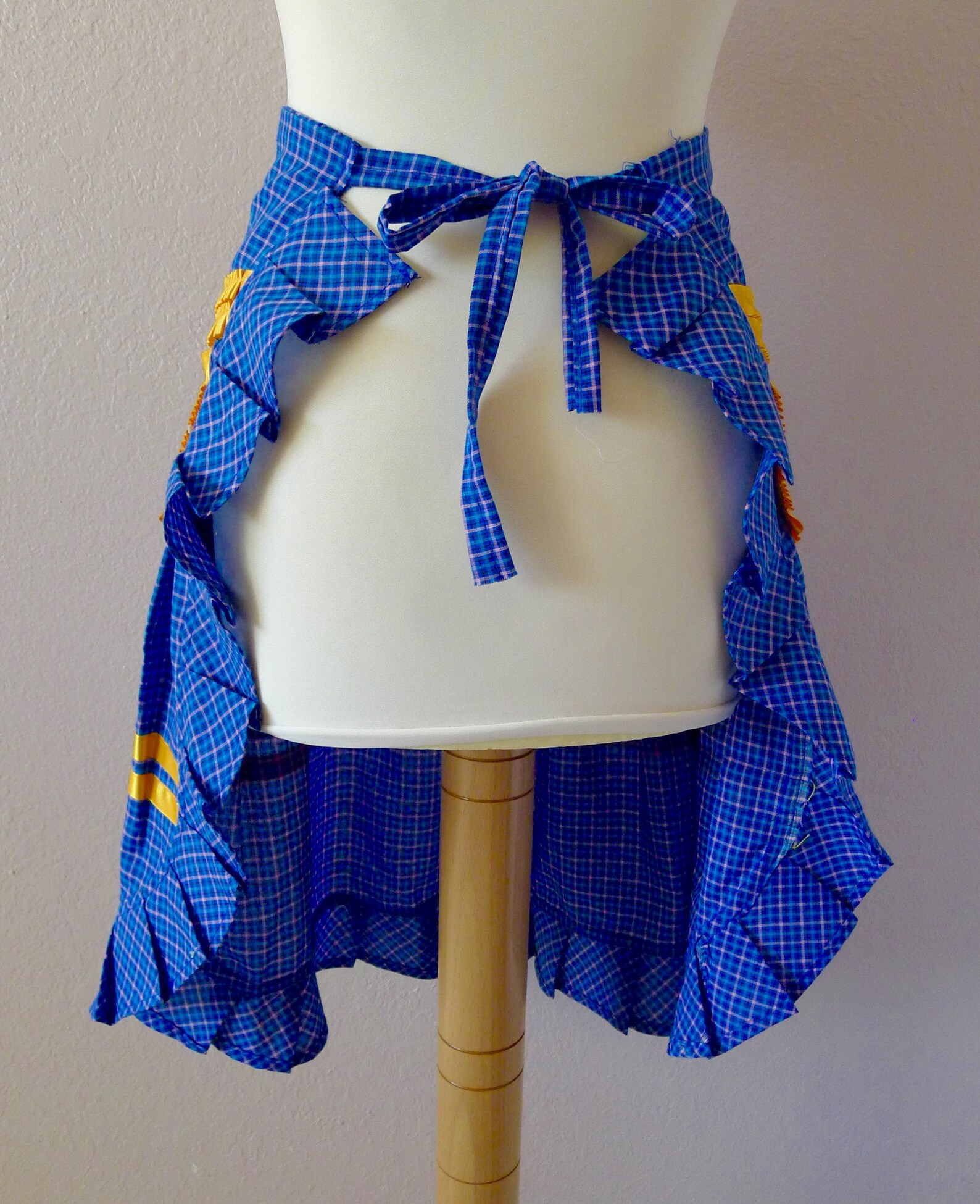Mexican Handmade Half Apron Mandile Blue Plaid Yellow Ribbon Work ...