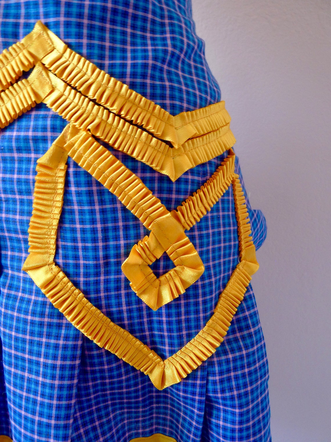 Mexican Handmade Half Apron Mandile Blue Plaid Yellow Ribbon Work ...
