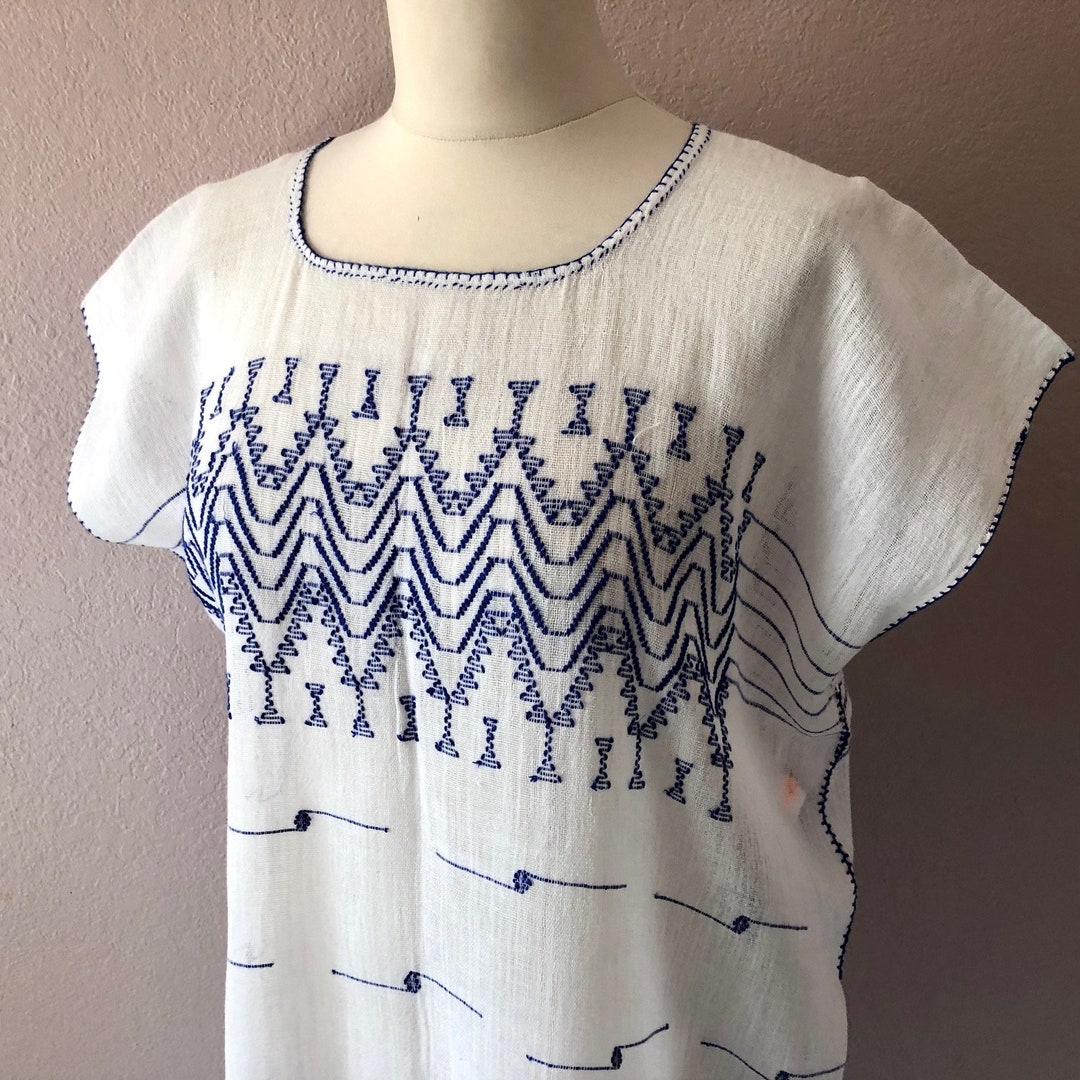 SALE Guatemalan Handwoven Huipil Dress Tunic WHITE Cotton Gauze Cobalt ...