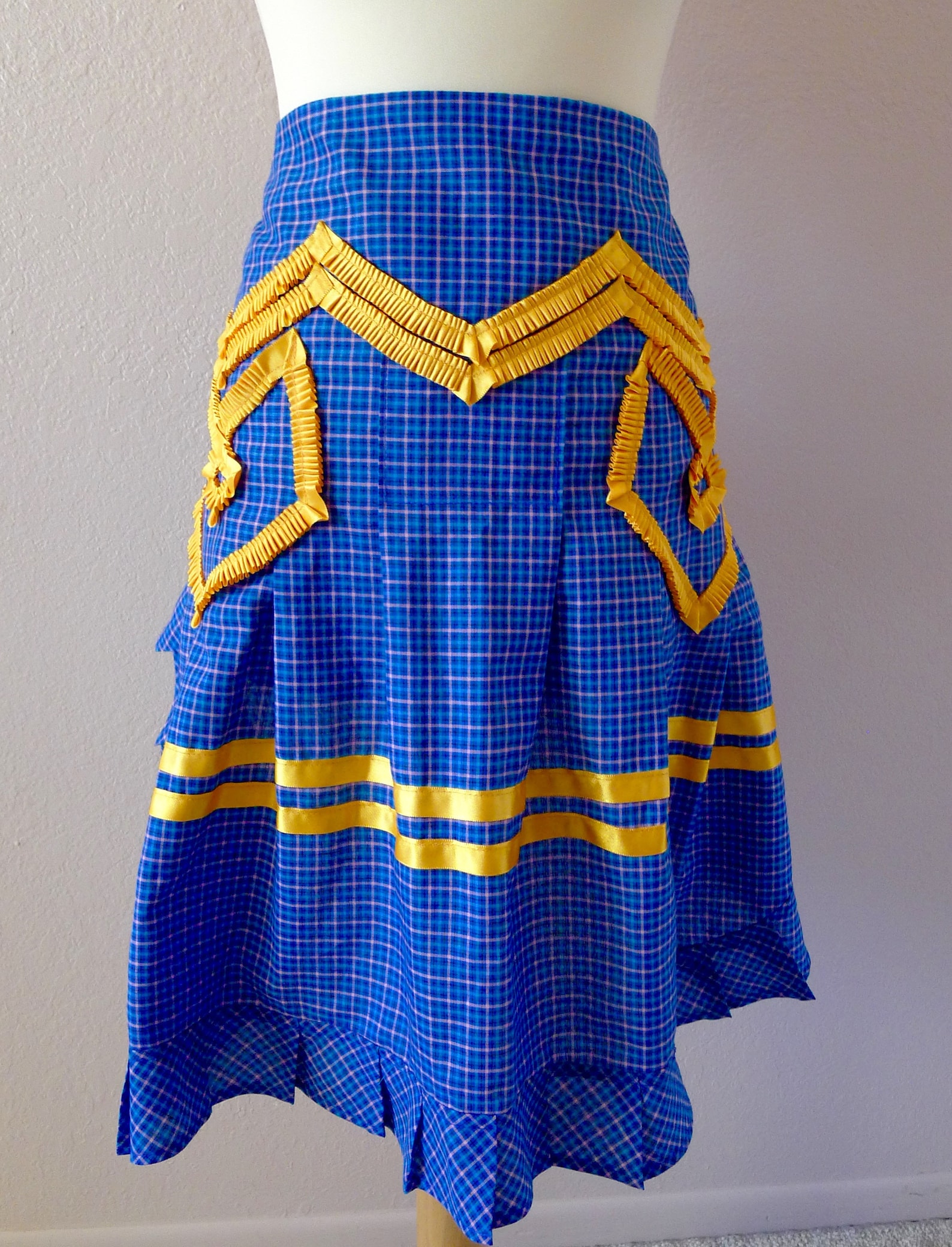 Mexican Handmade Half Apron Mandile Blue Plaid Yellow Ribbon Work ...