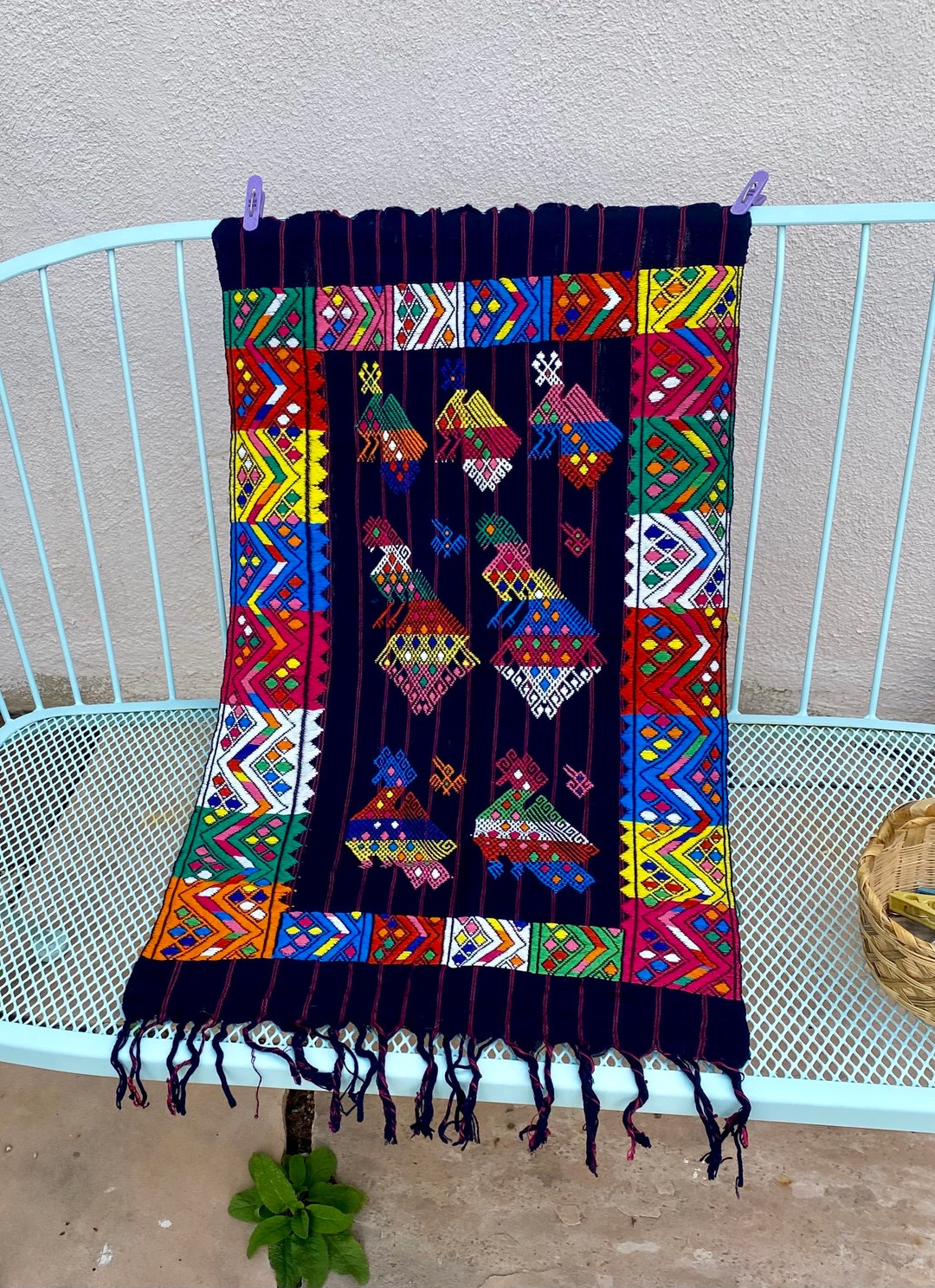 Guatemalan Handwoven Textile Tzute Ceremonial Cloth Indigo Peacock Pavo ...