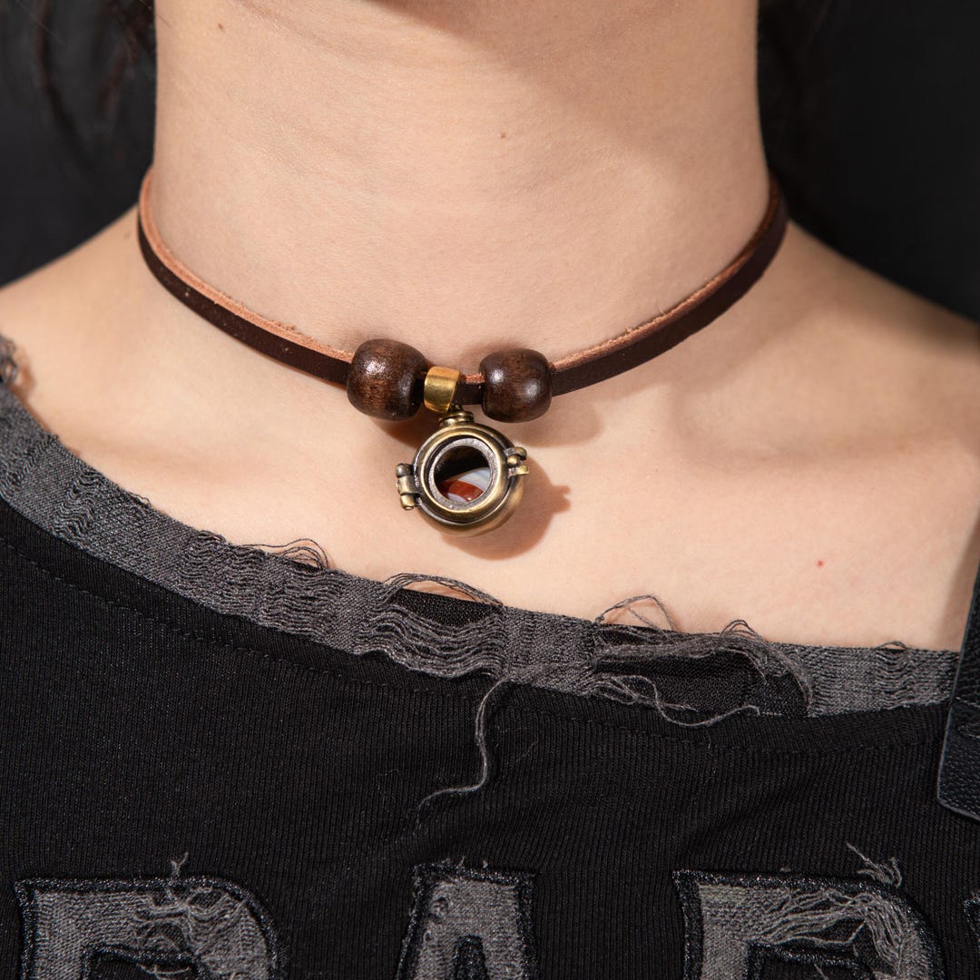 Vintage Brass Locket Necklace: Agate Gemstone, Leather & Wood, Boho ...
