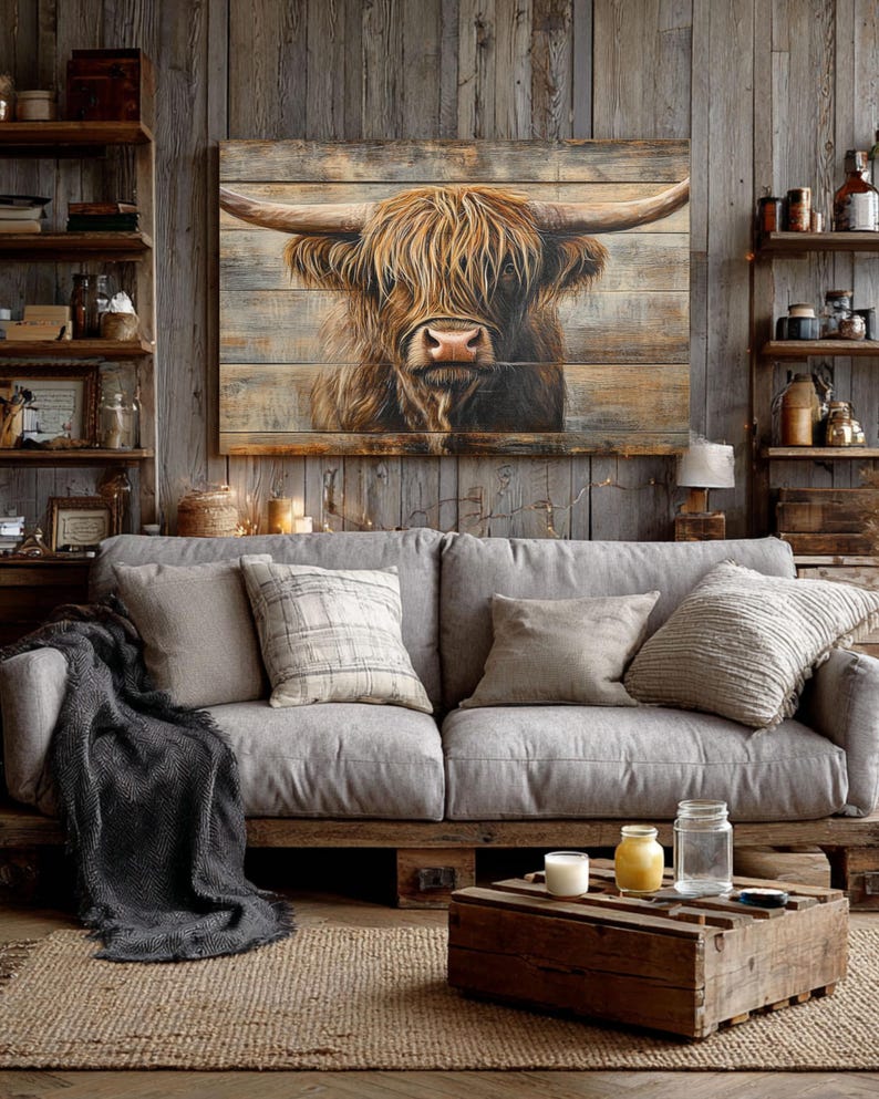 Rustic Highland Cow Canvas Print: Farmhouse Wall Art - Etsy