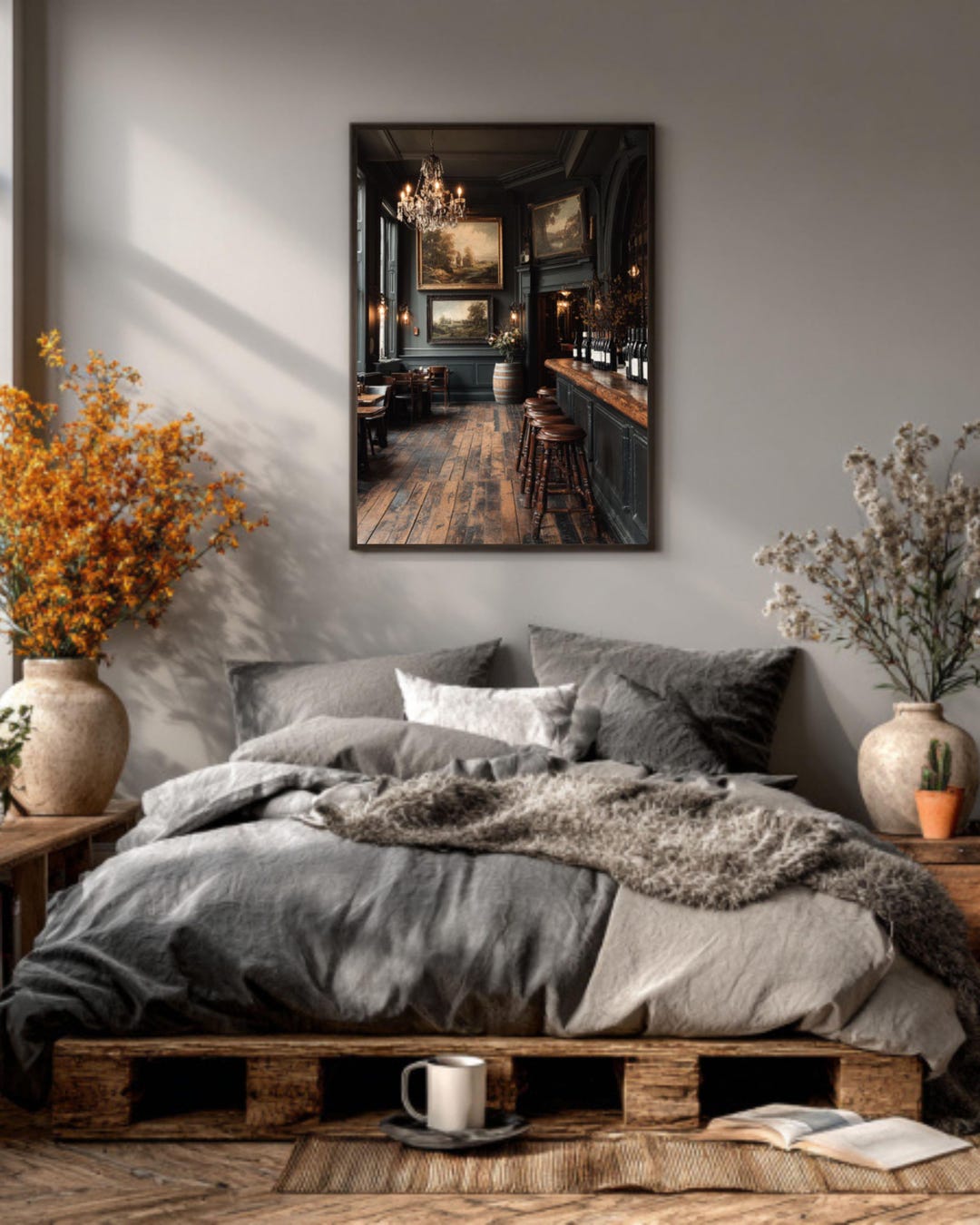 Rustic Pub Interior Art – Black Wall Bar, Wine Bottles & Warm Lighting ...