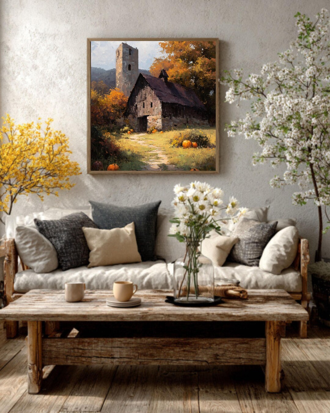 Autumn Barn Landscape Wall Art – Rustic Farm Scene With Pumpkins & Warm ...