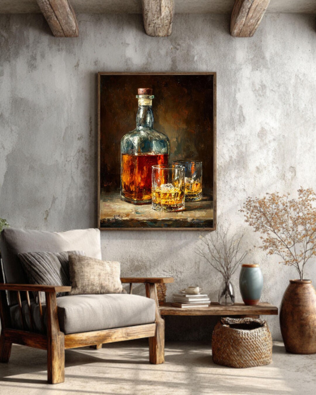 Vintage Whiskey Still Life – Oil Art of Bottle & Glasses, Dark Brown ...