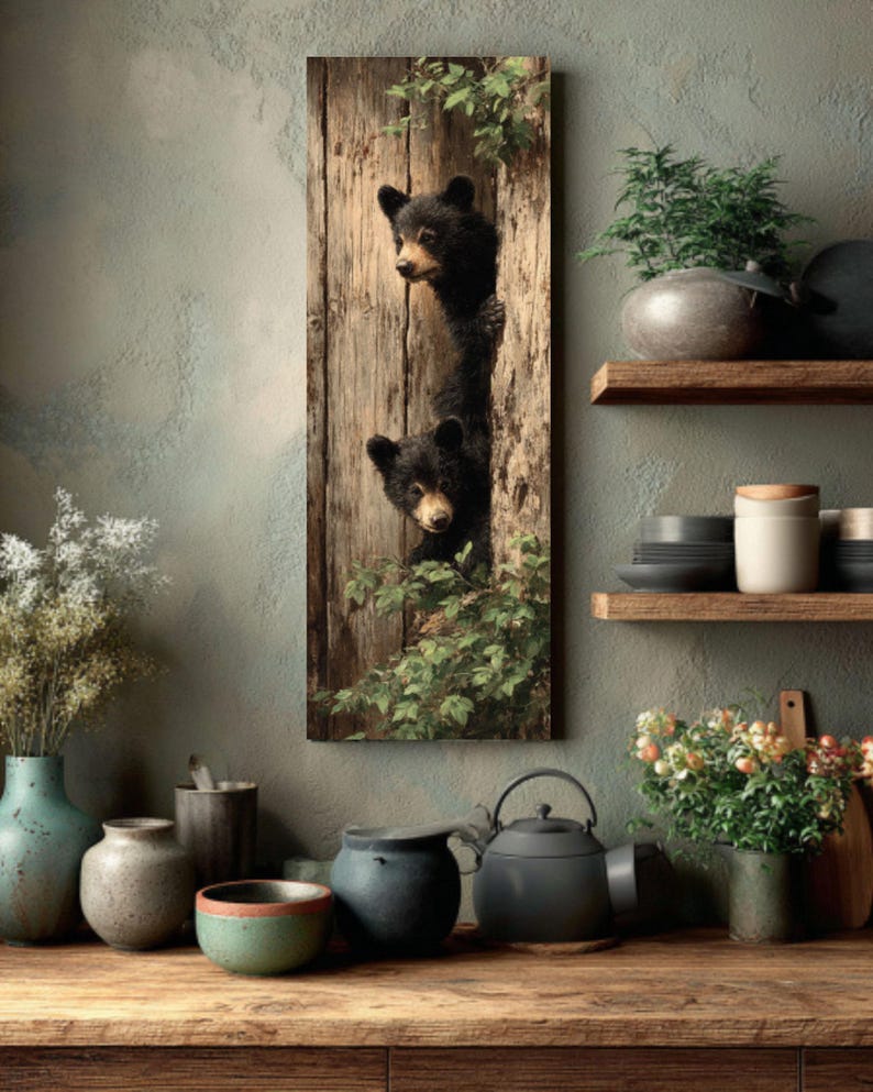 Black Bear Cubs Climbing Tree Art – Rustic Farmhouse Print - Etsy