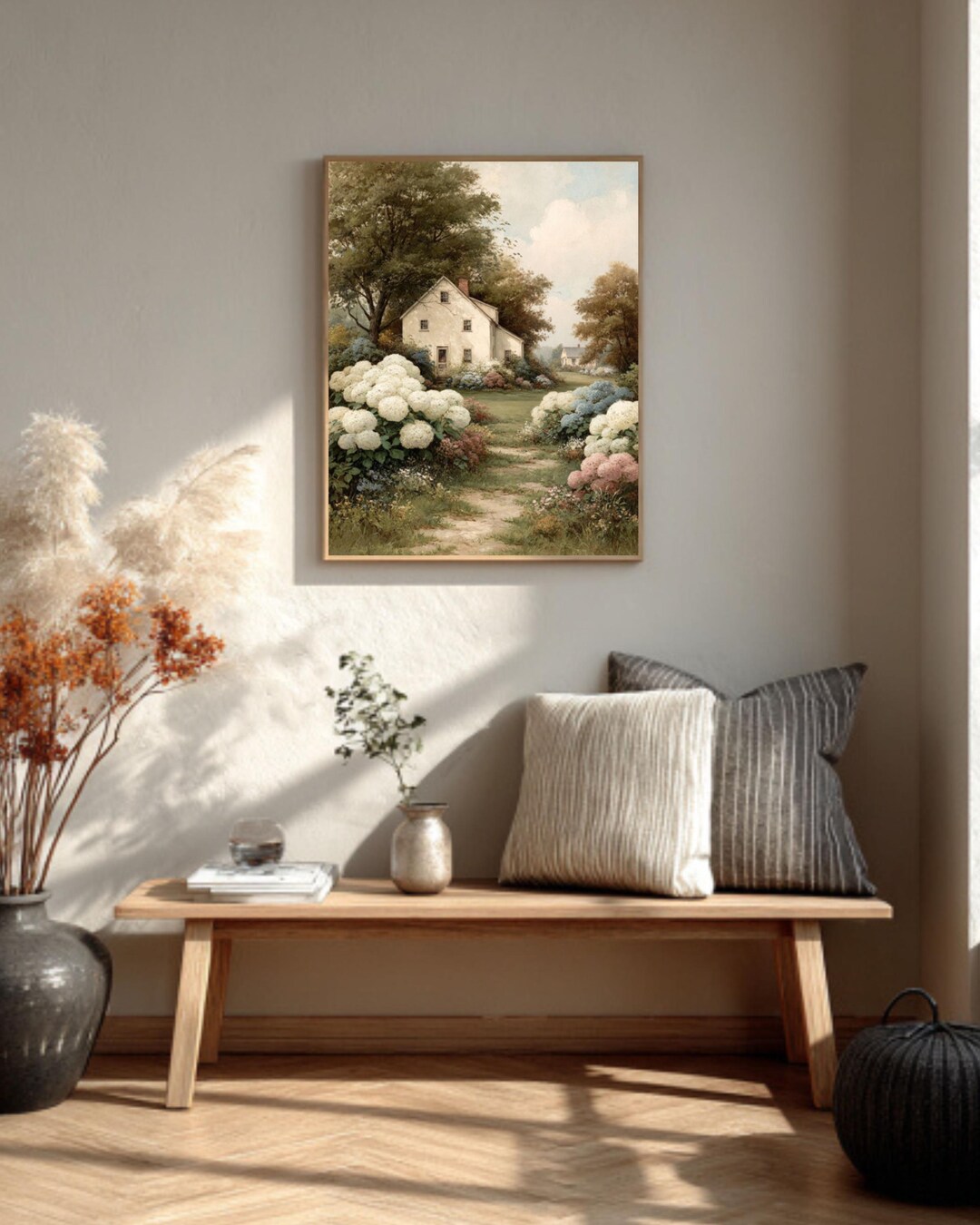 Rustic White Cottage Oil Painting – Hydrangeas & Wildflowers, Pastel ...