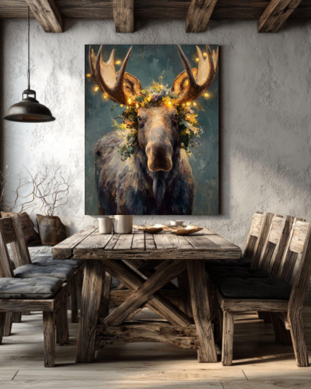 Christmas Moose Oil Painting – Festive Moose With Wreath & Lights on ...