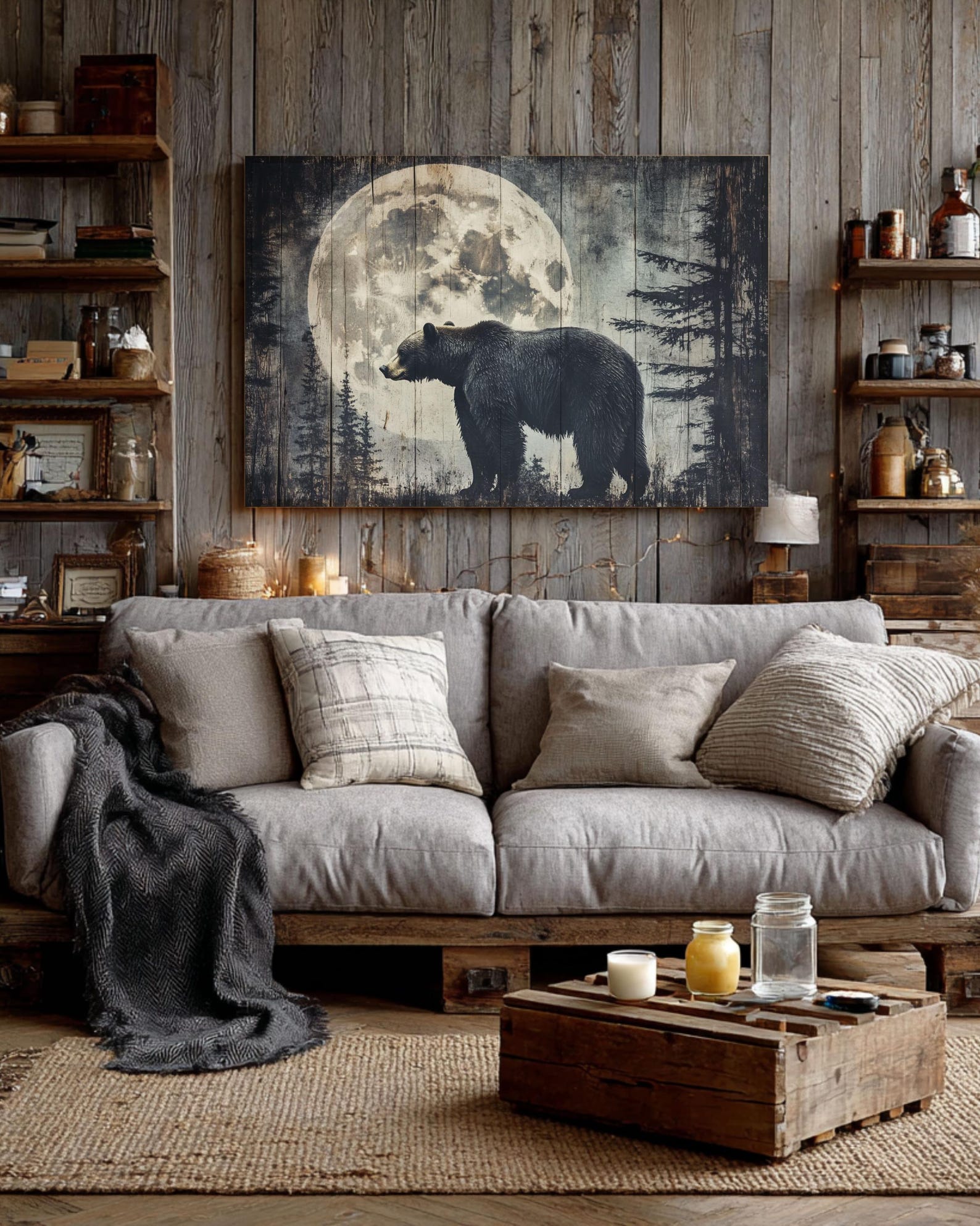 Rustic Black Bear Canvas Art: Moonlit Farmhouse Cabin Decor - Etsy