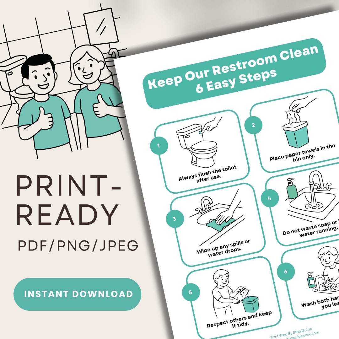 Restroom Cleanliness Guide | 6 Step Bathroom Etiquette Poster | Toilet ...