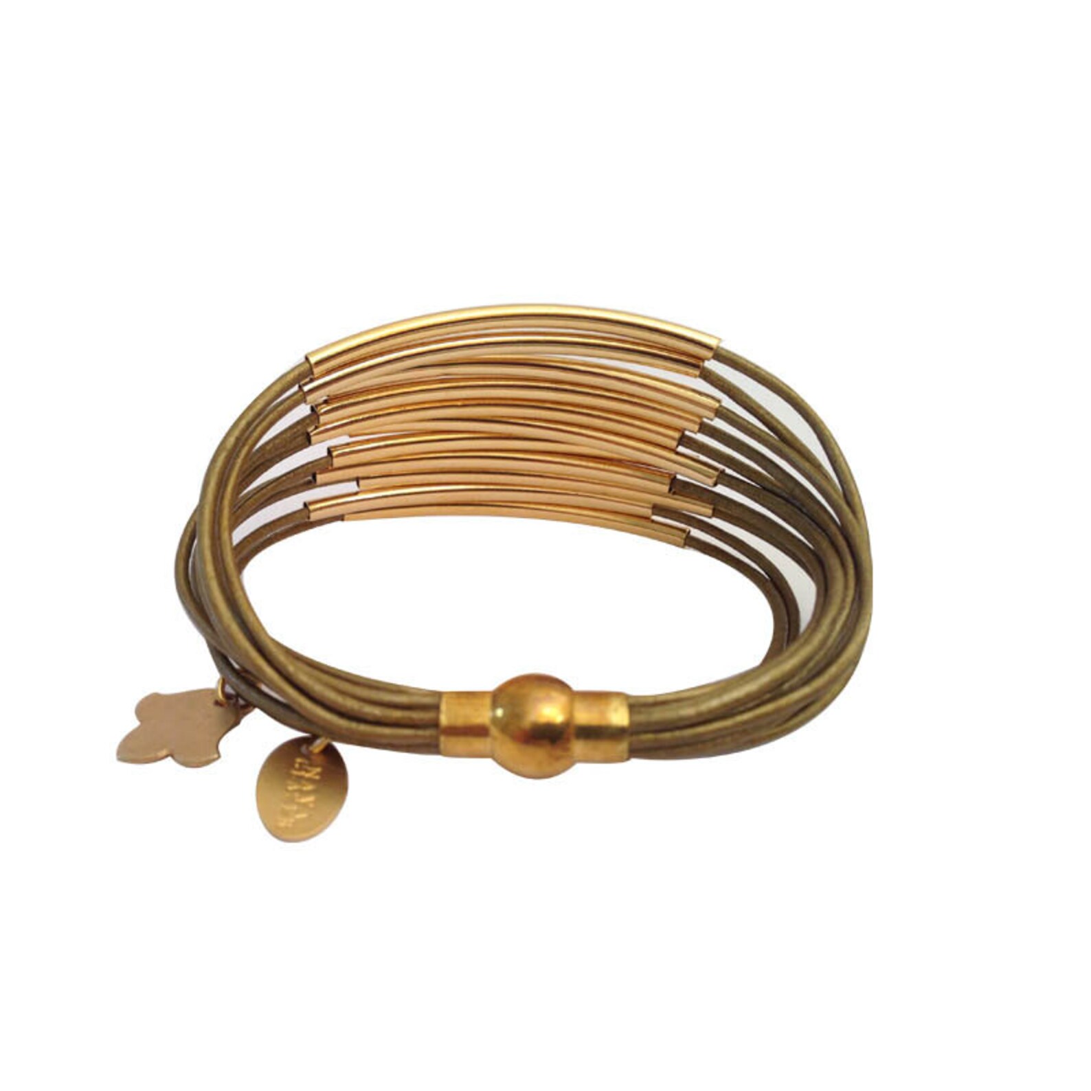 24K Gold Coated Tubes and Metallic Khaki Leather Bracelet With Magnetic ...