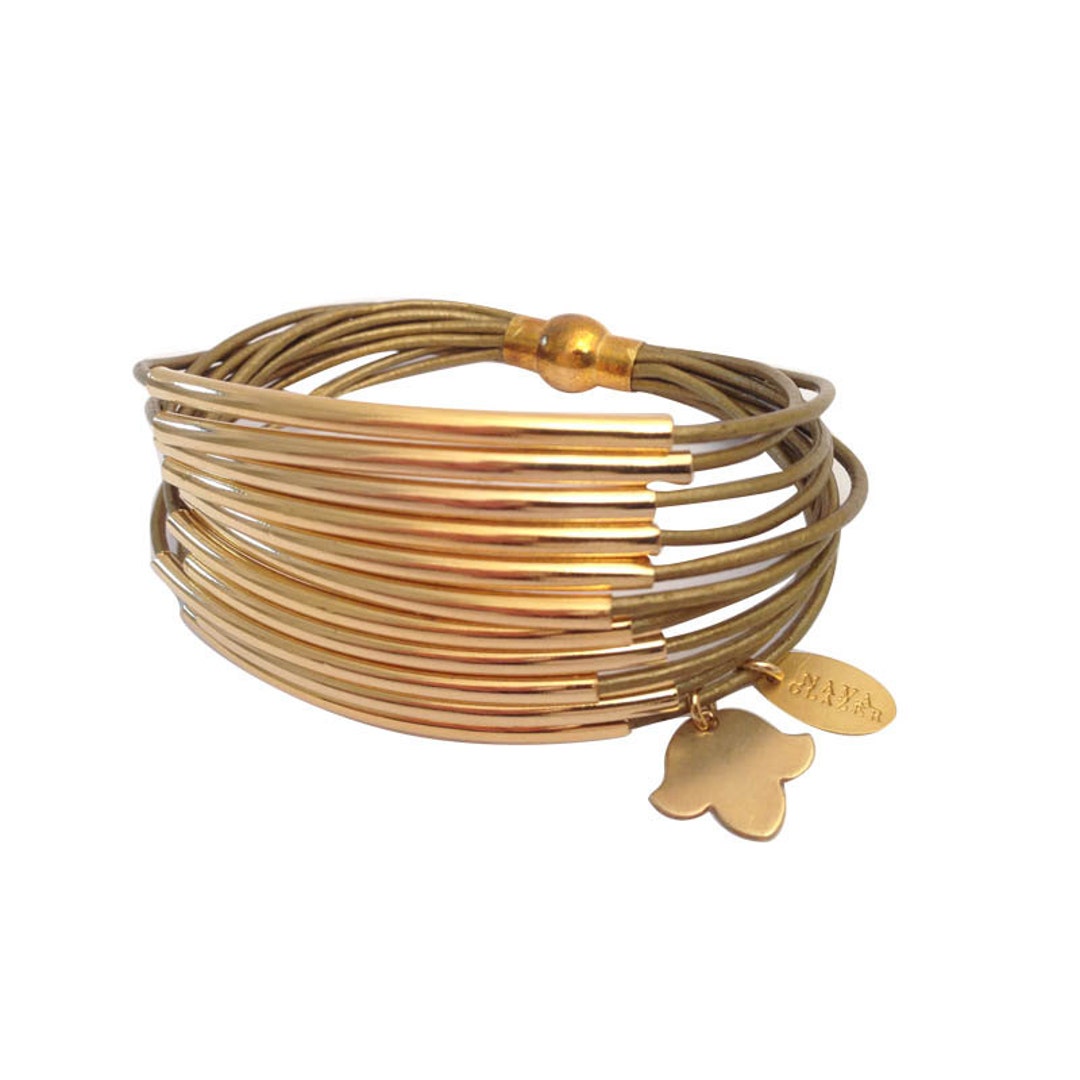 24K Gold Coated Tubes and Metallic Khaki Leather Bracelet With Magnetic ...