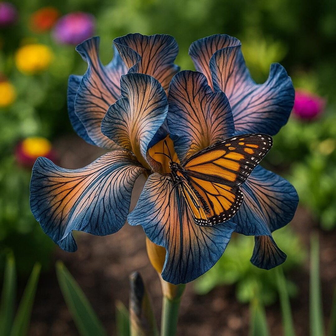 Rare Patterned Iris Flower (50) Seeds: Deep Blue and Peach Veined ...