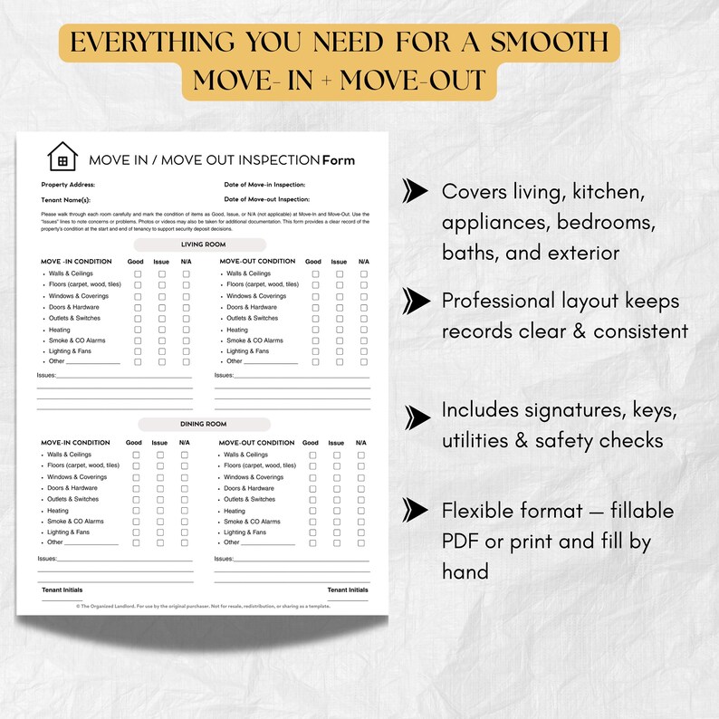 Landlord Tenant Move-in + Move-out Inspection Form: Printable PDF - Etsy