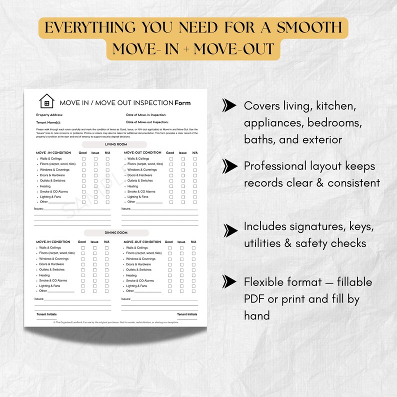 Move in Move Out Inspection Form | Rental Property Checklist | Property ...
