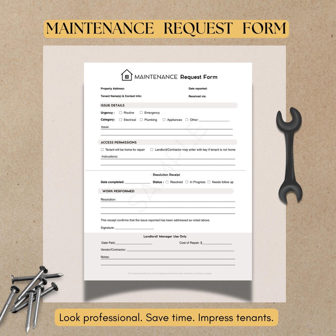 Printable Tenant Maintenance Request Form | Landlord Repair Log (PDF ...