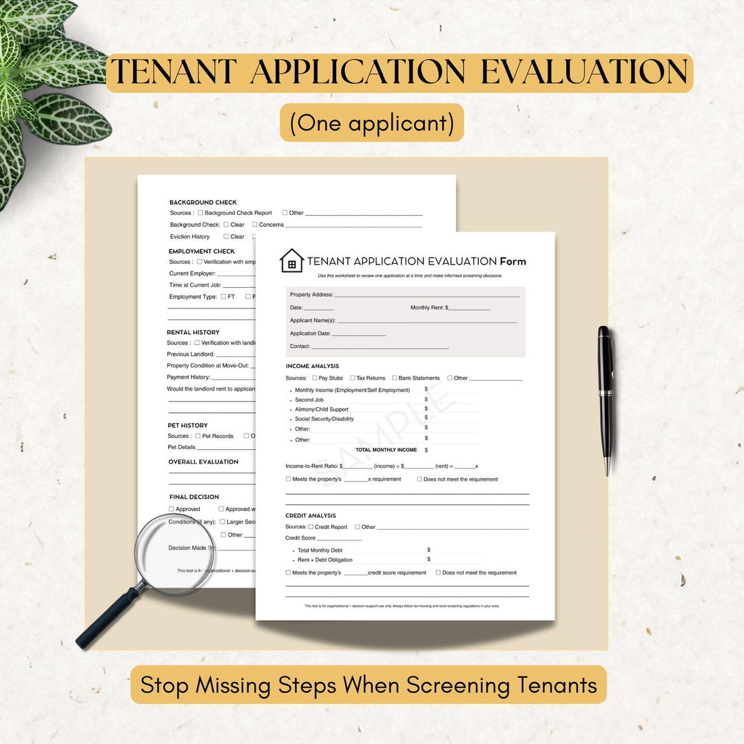 Tenant Application Evaluation Form | Rental Screening Worksheet ...